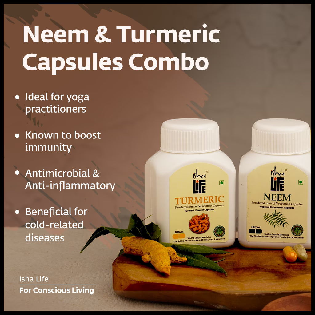 Neem & Turmeric Powder in Veg Caps Comb Pack, 100 pcs each – Isha Life ...